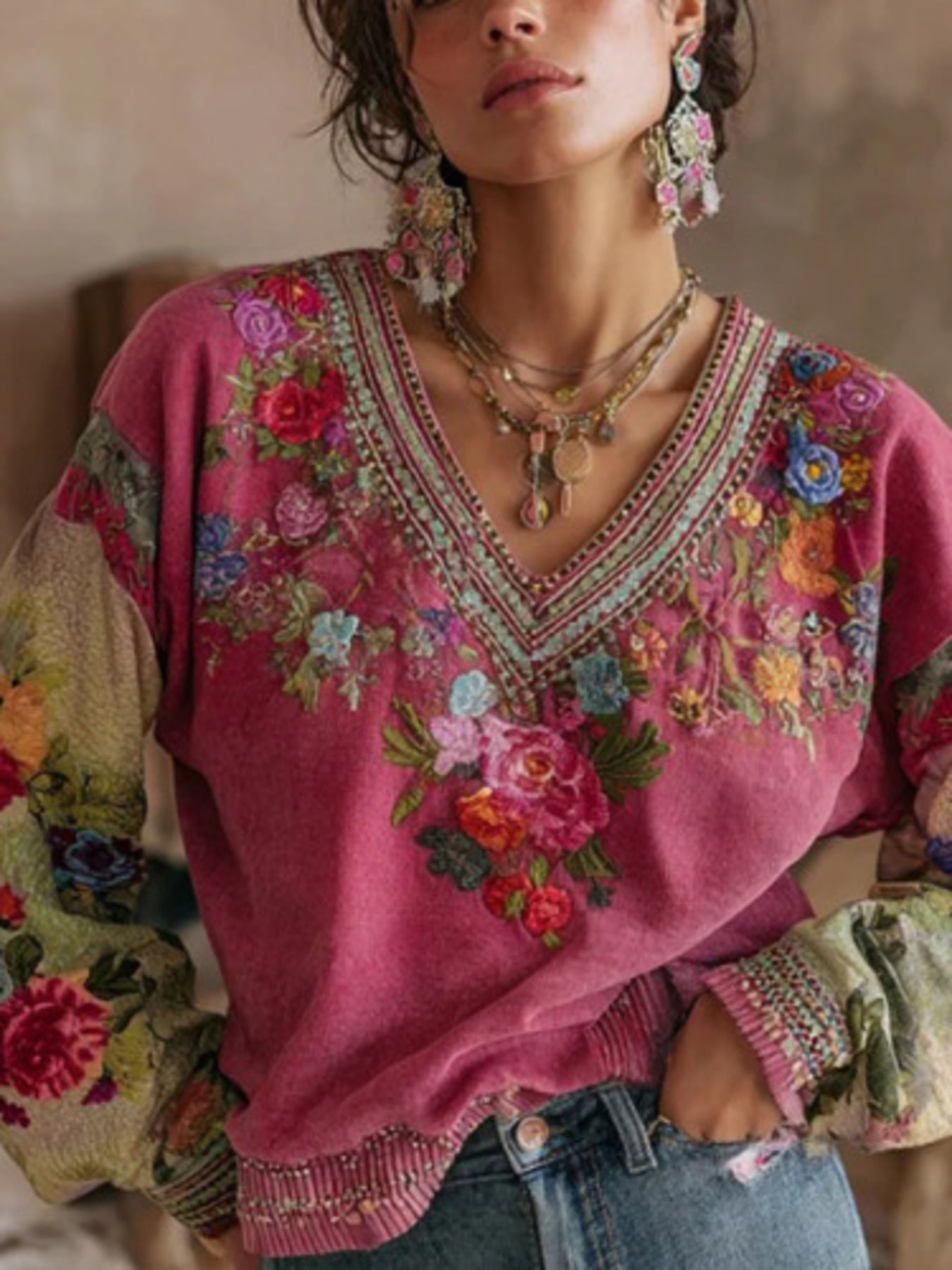Full Size Floral V-Neck Blouse Plus Size – Inseparable Jewelry